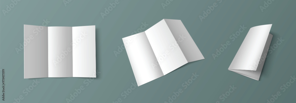Tri fold white empty leaflet mockup in different angles of view. Open ...