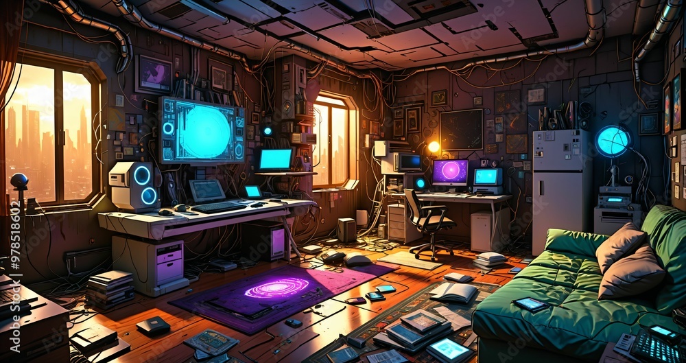 messy living room in futuristic sci fi house home in the woodland ...
