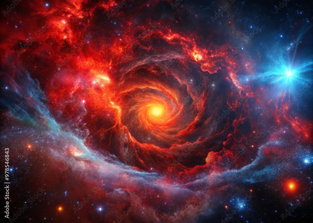 Dark crimson space, swirls of fiery crimson, splattered with faint ...