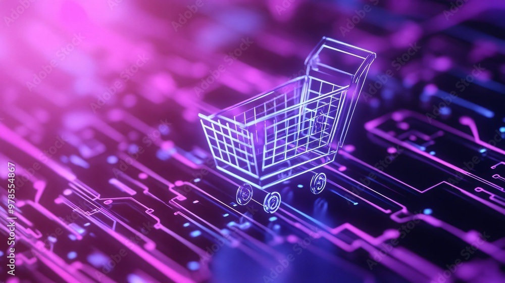 Futuristic shopping cart glowing on a digital circuit board ...