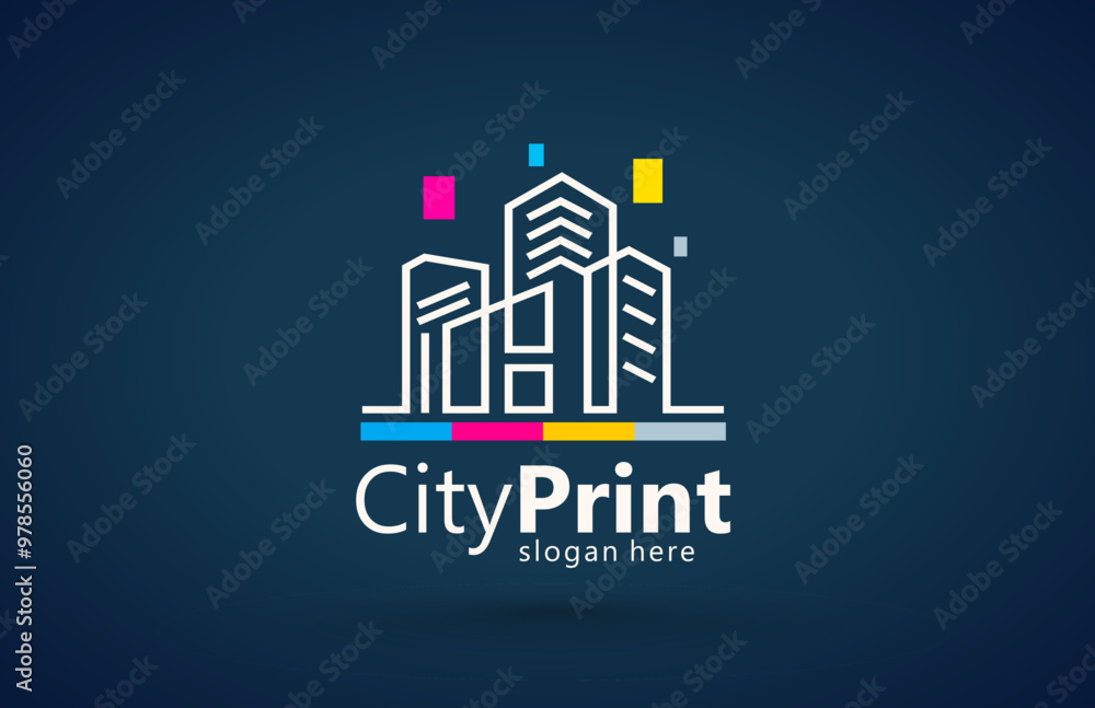 Logo City Print. СMYK Printing theme. Silhouette Buildings lines and ...