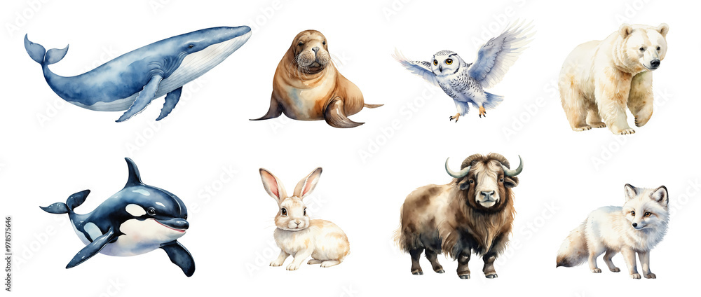 Set of watercolor illustrations of a cute bear, fox, owl, musk ox, hare ...