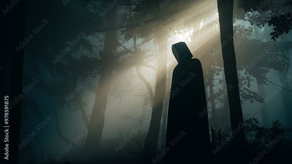 ghostly figures in black cloaks in a dark forest background, mysterious scene cult ceremony film ...