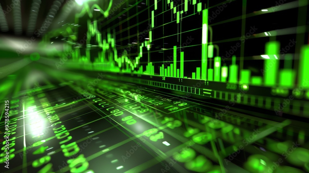 Dynamic green bar charts representing positive trends in eco investing ...
