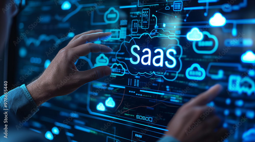 SaaS (software as a service) concept, Businessman show virtual screen ...