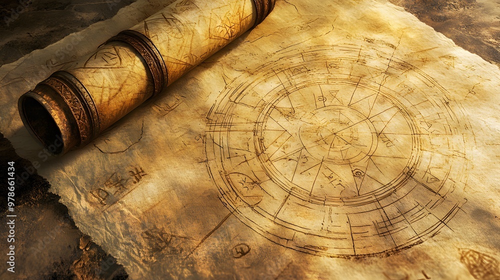 Illustration of an ancient scroll with faded intricate symbols, vintage ...