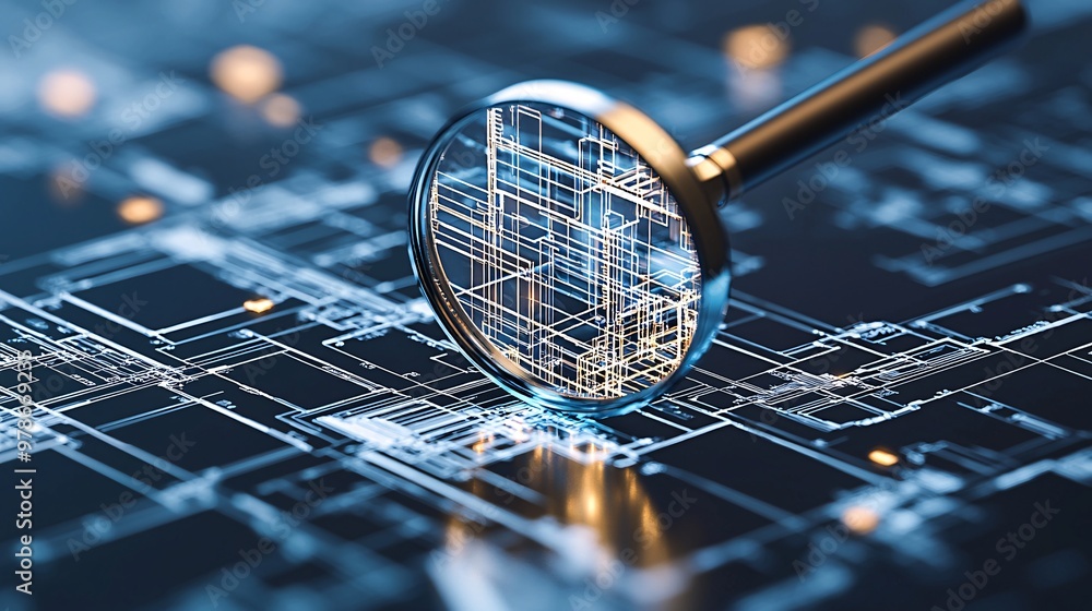 A 3D magnifying glass hovering over a digital blueprint, symbolizing search engines uncovering ...