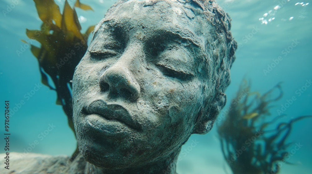 A detailed shot of the underwater statue face, with fish swimming past ...