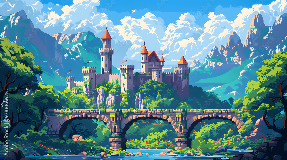 Colorful 16-bit pixel art castle perched atop an arch bridge with a ...