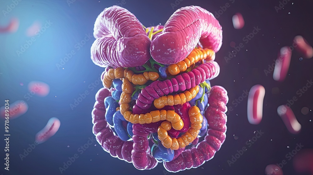 A vibrant 3D illustration of the human gut, showcasing its complexity ...