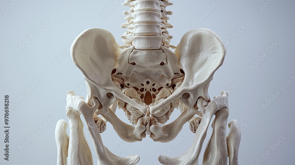 Detailed anatomical view of a human pelvis and spine, showcasing ...