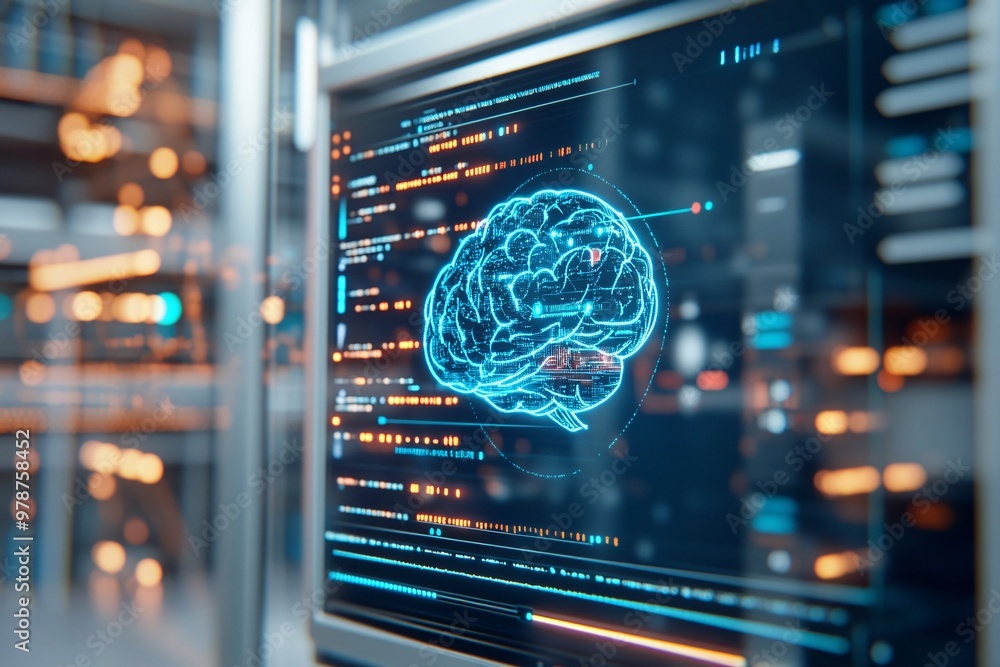 A digital screen featuring a chatbot interface with a blue digital ...