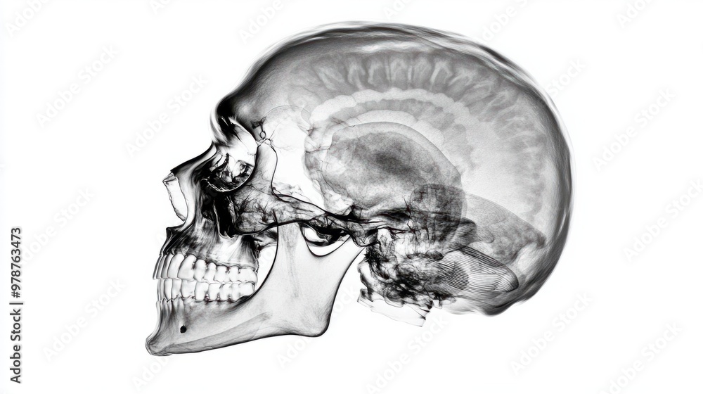 An X-ray icon of a human skull, shown in high contrast black and white ...