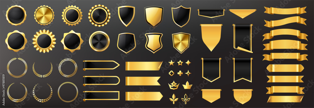 Luxury golden labels elements. Cartoon premium badges and stickers ...