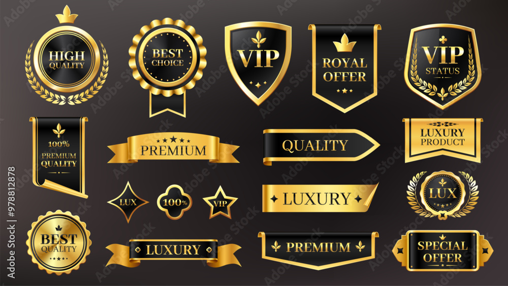 Golden luxury labels. Premium quality badges with golden stars and ...