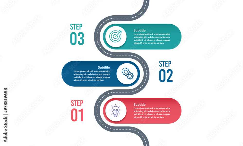 3 Process Infographic Roadmap Design Template. Milestone, Timeline, Steps and Option to success ...