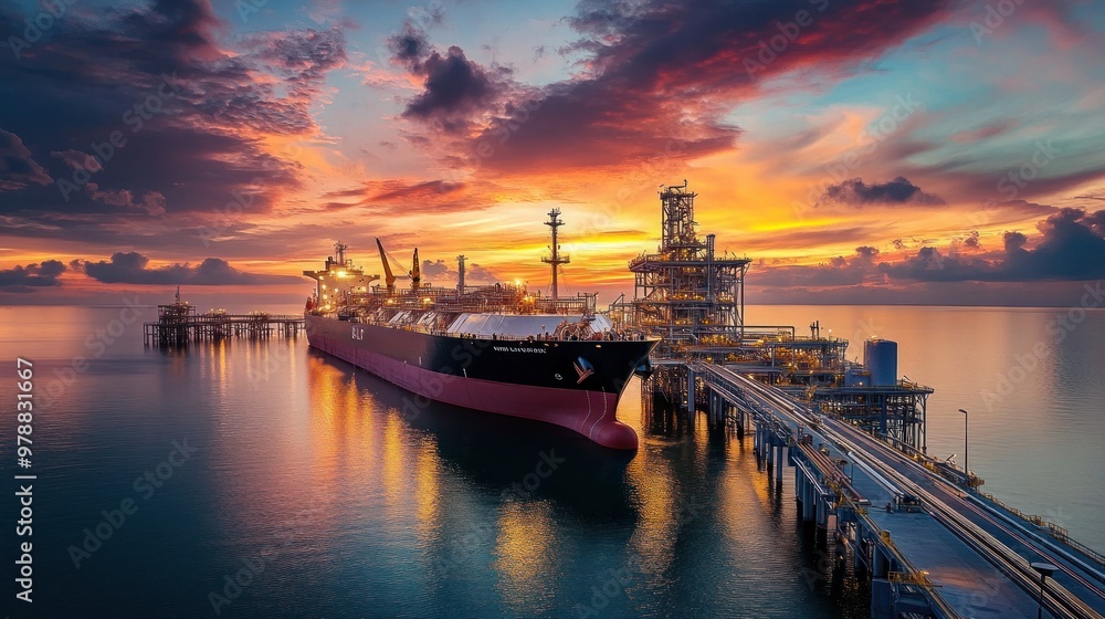 A gas tanker ship docking at an LNG terminal, with cranes and pipelines ...