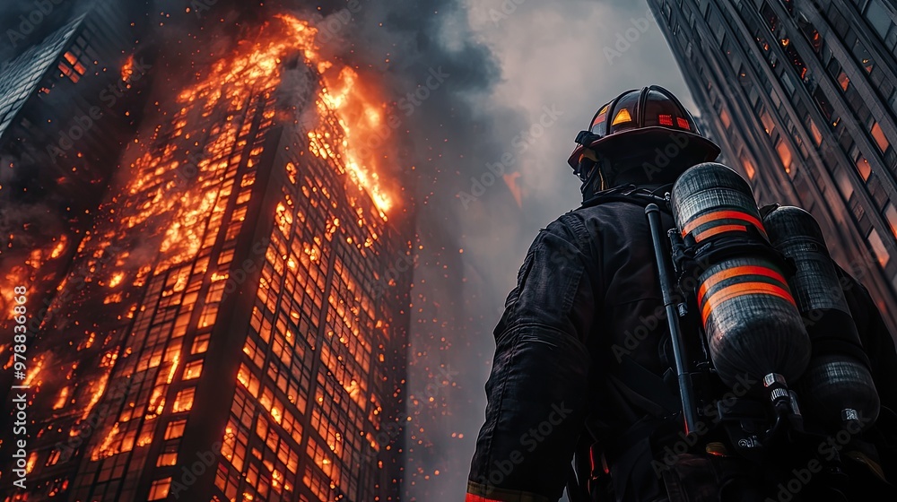A firefighter in full gear looks up at a burning skyscraper, flames ...