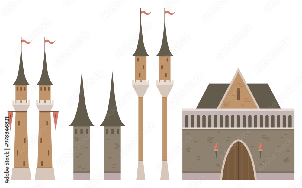 A series of medieval castle elements including two tall towers with ...