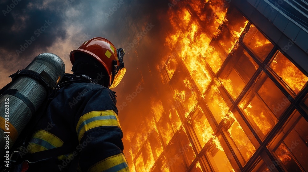 Flames rage through the windows of a skyscraper as a firefighter in ...