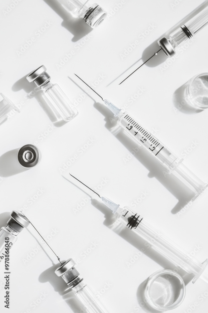 The layout features vaccine vials and syringes neatly arranged on a ...