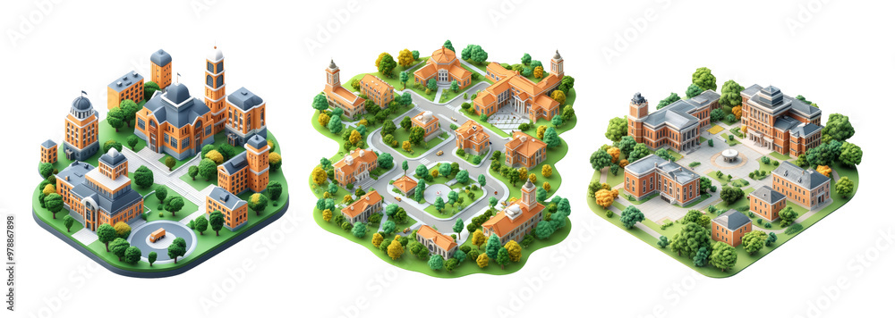 Isometric illustrations of university campuses with brick buildings and ...