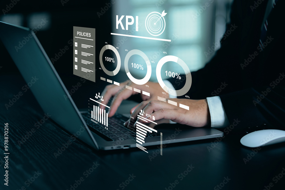 Corporate KPI Quality Assessment A virtual screen with business people ...