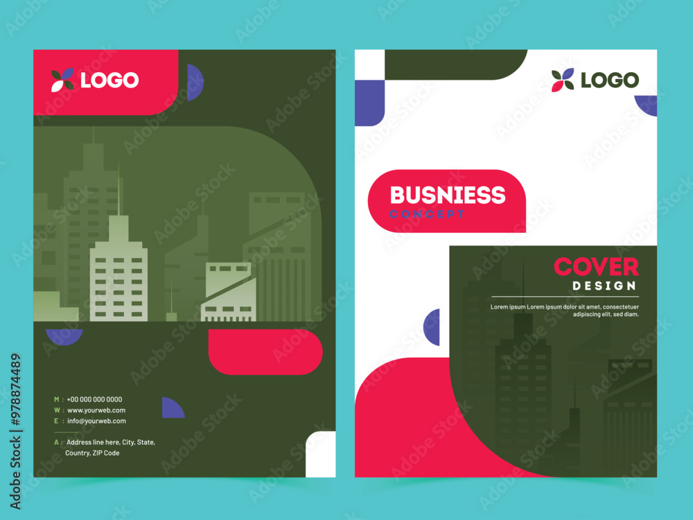 Front and back view of cover page or template design layout for ...