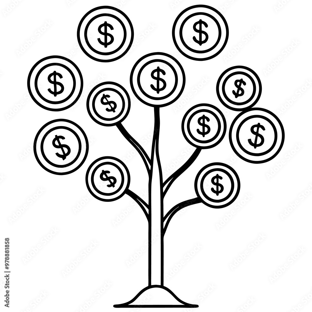 money tree with coins outline coloring book page line art drawing Stock ...