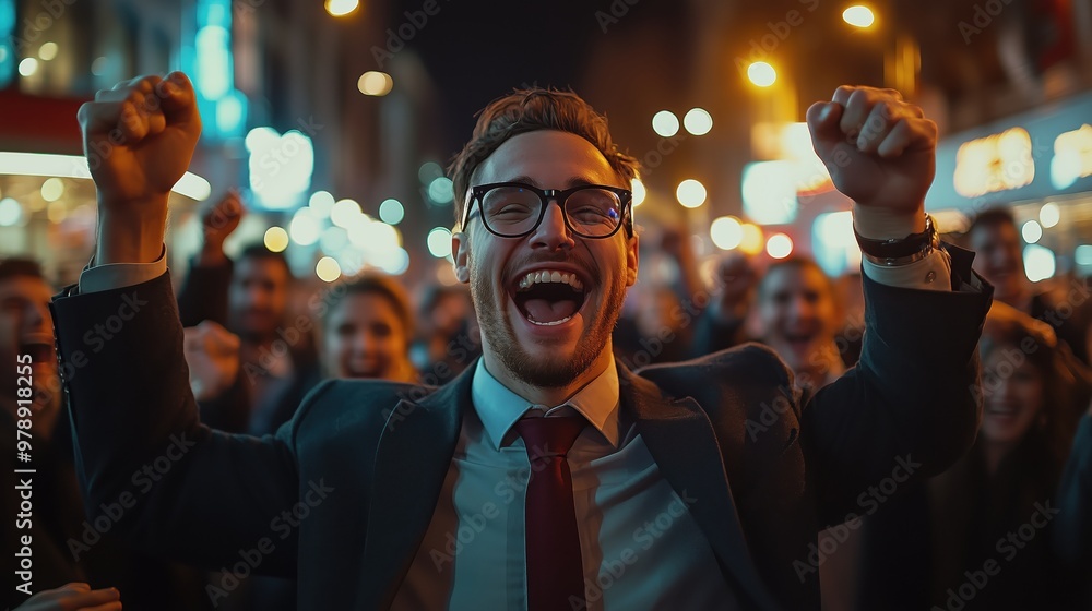 Excited businessman celebrating success at night. Businessman ...