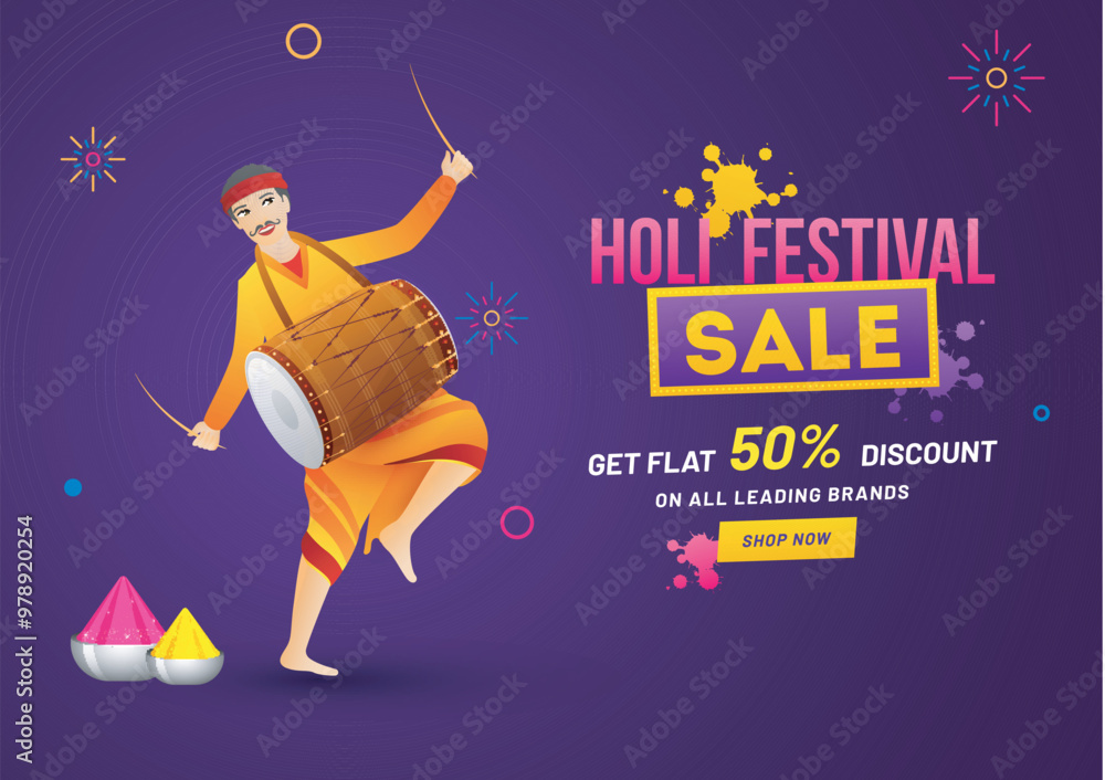 Holi festival sale poster or banner design with illustration of dholi ...