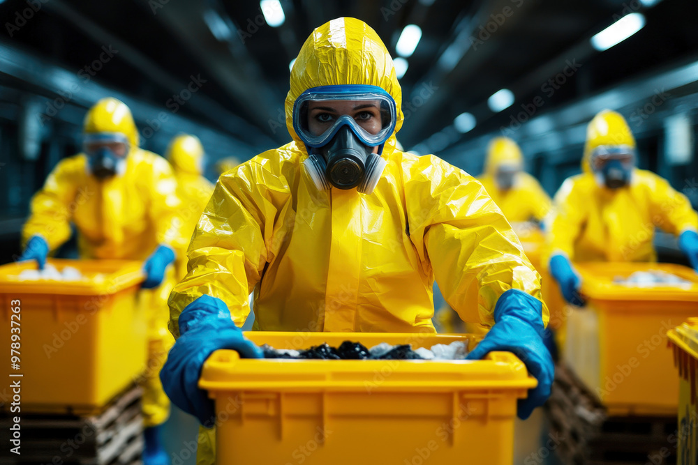 A worker dressed in a yellow hazmat suit and blue gloves carries a ...