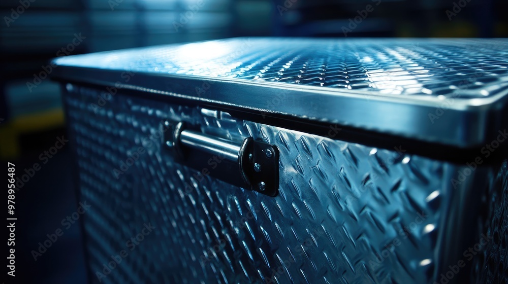 Toolbox close-up in a warehouse, the metal surface's texture and sheen ...