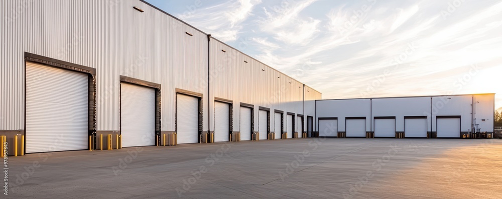 Modern warehouse exterior with multiple loading docks under a clear sky ...