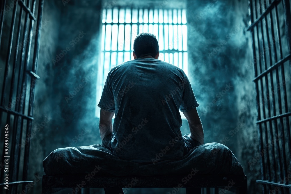 A lone prisoner sits on a bed in a dark prison cell, illuminated by light streaming through ...
