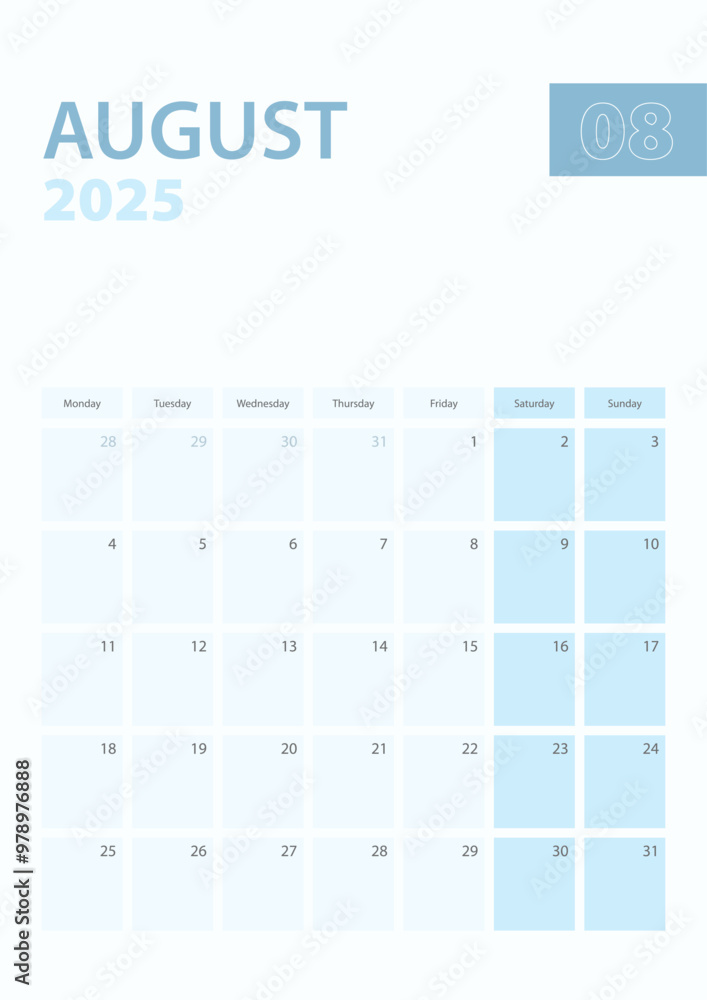 Vertical calendar page of August 2025, Week starts from Monday. Stock ...