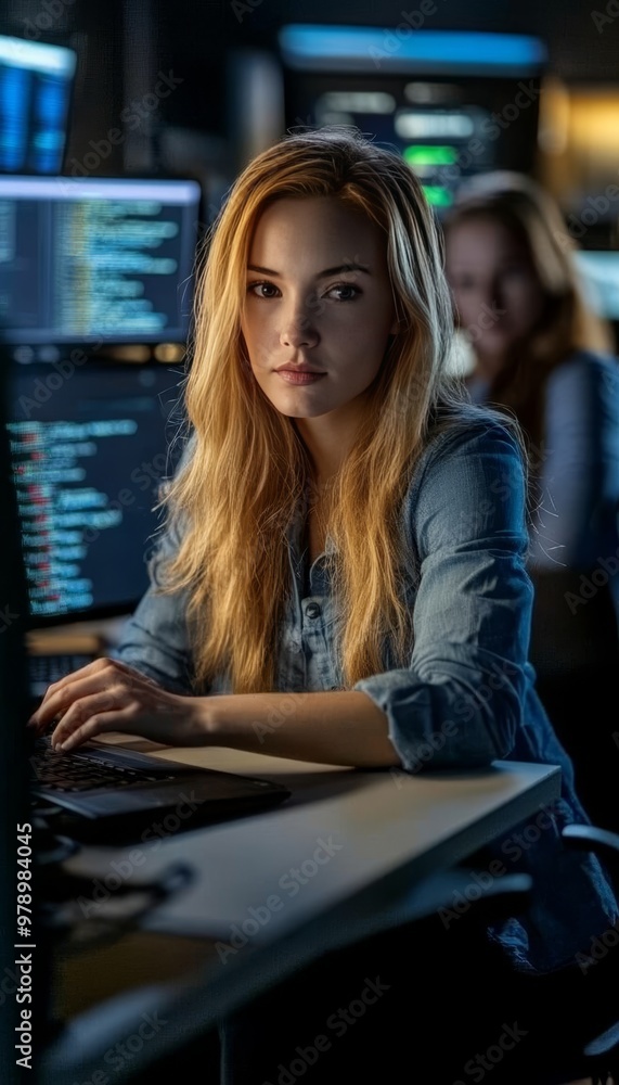 Serious Young Professional Working Late, Monitoring Code on Multiple ...
