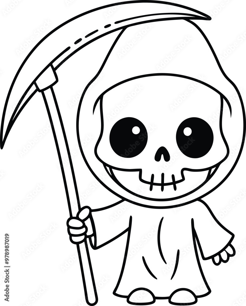 Cute Cartoon Grim Reaper Character Coloring Page for Kids with Scythe ...