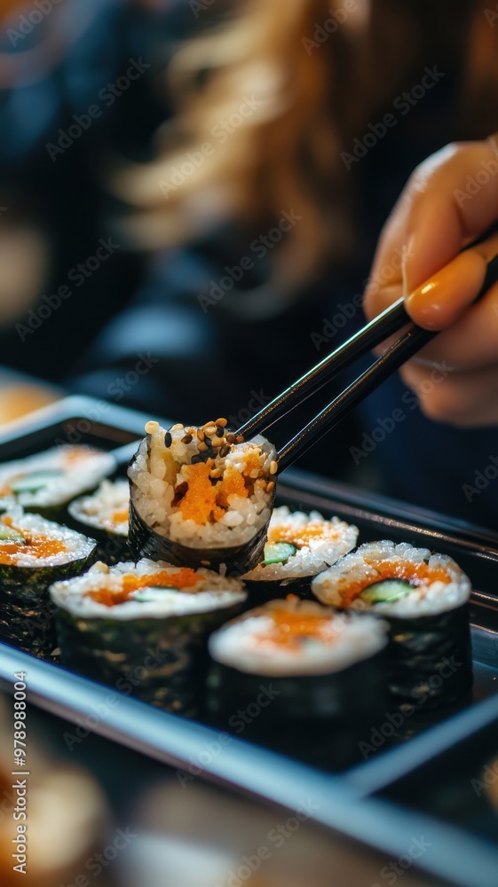 Young asian woman eating Kimbab roll in korea restaurant,korean town ...
