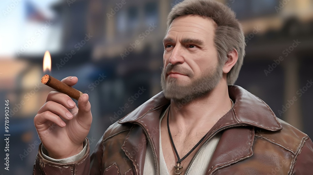 Foto de Stock Rugged Game Character Smoking a Cigar in a Realistic 3D ...