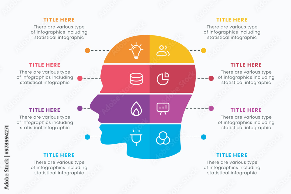 Vector brain infographic design template with 8 steps, human head learn ...