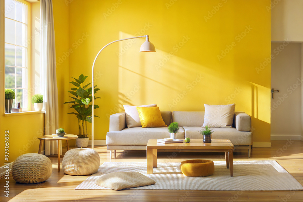 Foto Mockup wall. Sunny 2025 year yellow shade wall in the living room ...