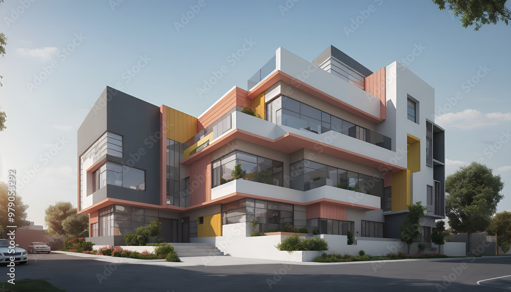 Illustrative frontal view of a new, modern and clearly architecturally ...