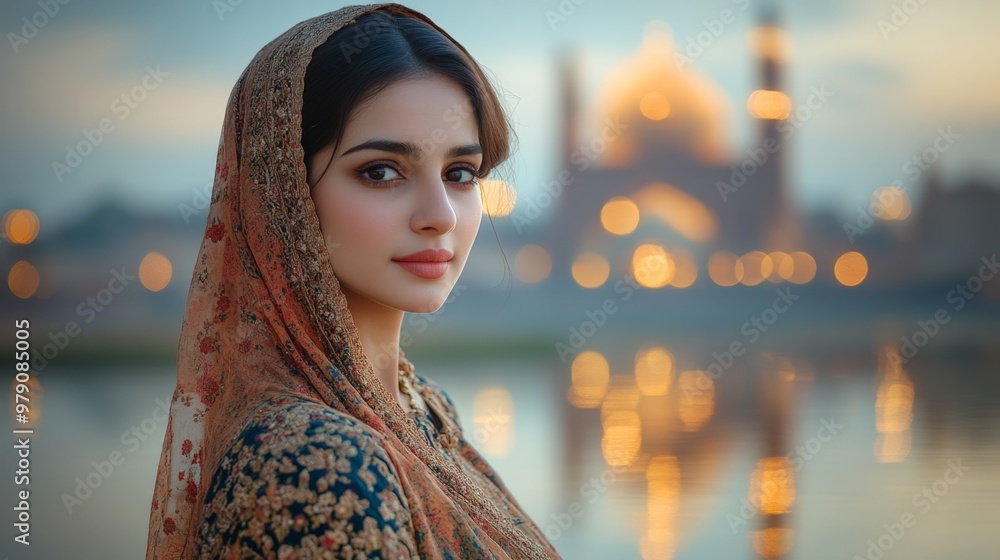 An elegant Pakistani woman in a shalwar kameez, standing by the ...