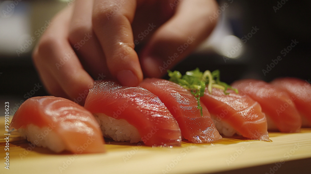 Chef serving tuna nigiri sushi with a focus on Japanese style menu ...
