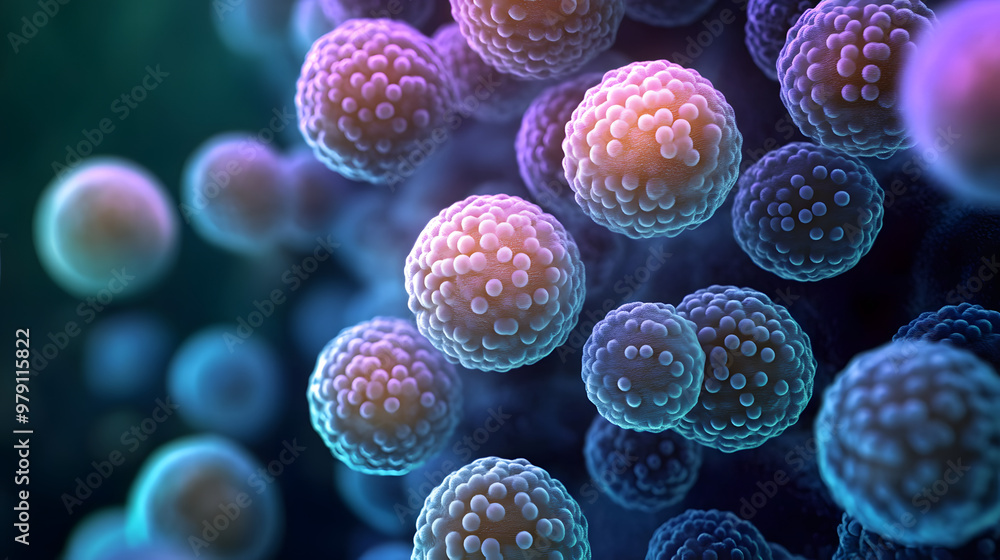 Staphylococcus aureus, Cluster of spherical bacteria magnified under a ...