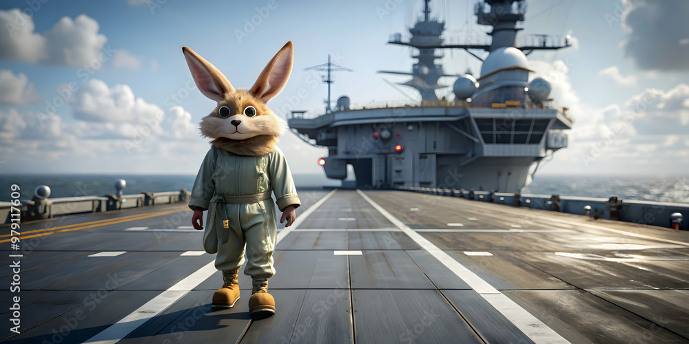 Fluffy rabbit pilot walking on military aircraft carrier, Unreal Engine ...