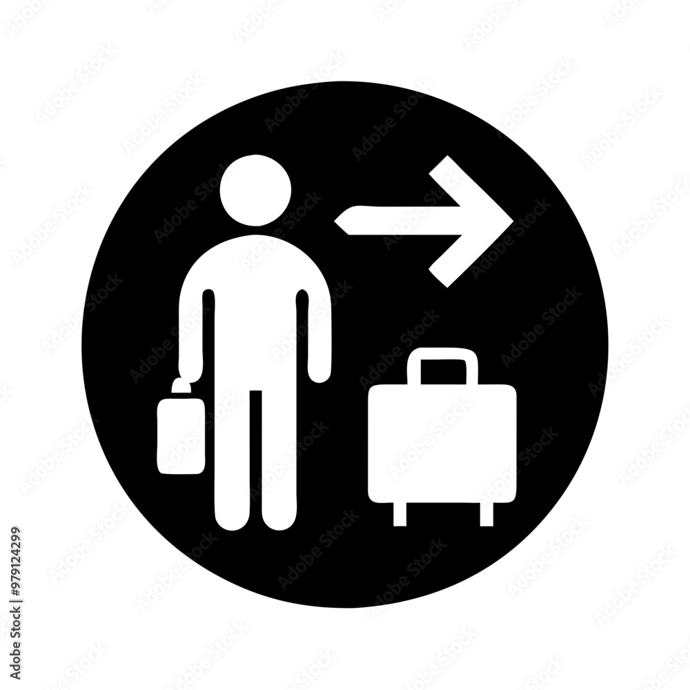Traveler with Luggage Icon, Black and White, Travel Direction Symbol in ...