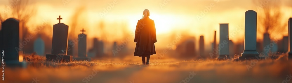 Female vampire in a flowing black gown, standing in a graveyard ...