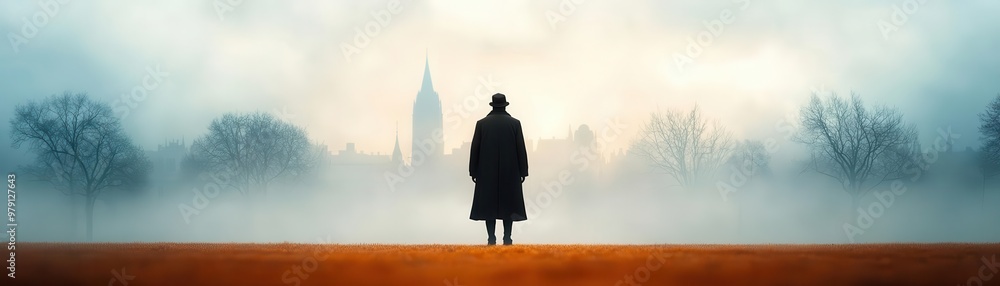 A lone phantom standing in the center of a gothic cemetery, dead trees ...